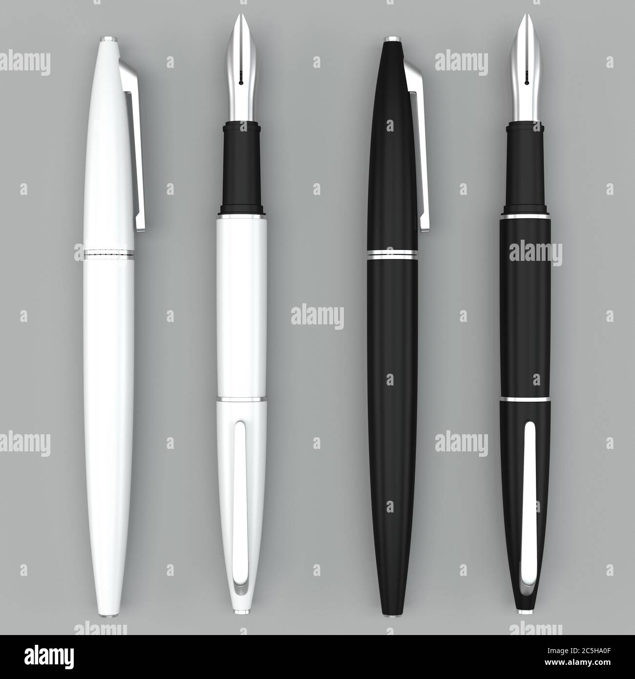 3d render of two sets of white and black fountain pens on bright ...