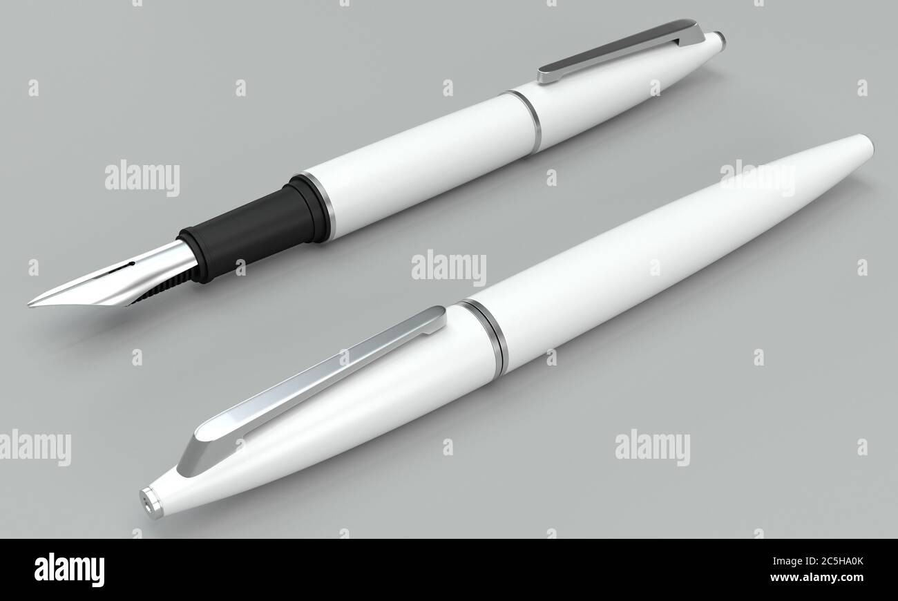 3d render of two white fountain pens on bright background. Perspective ...
