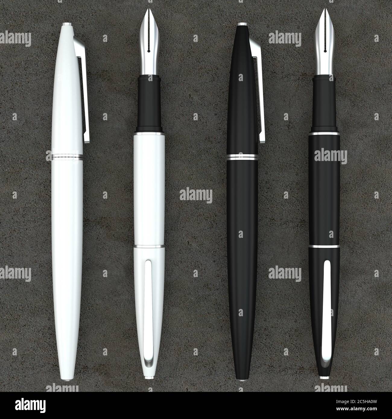 3d render of two sets of white and black fountain pens on concrete ...