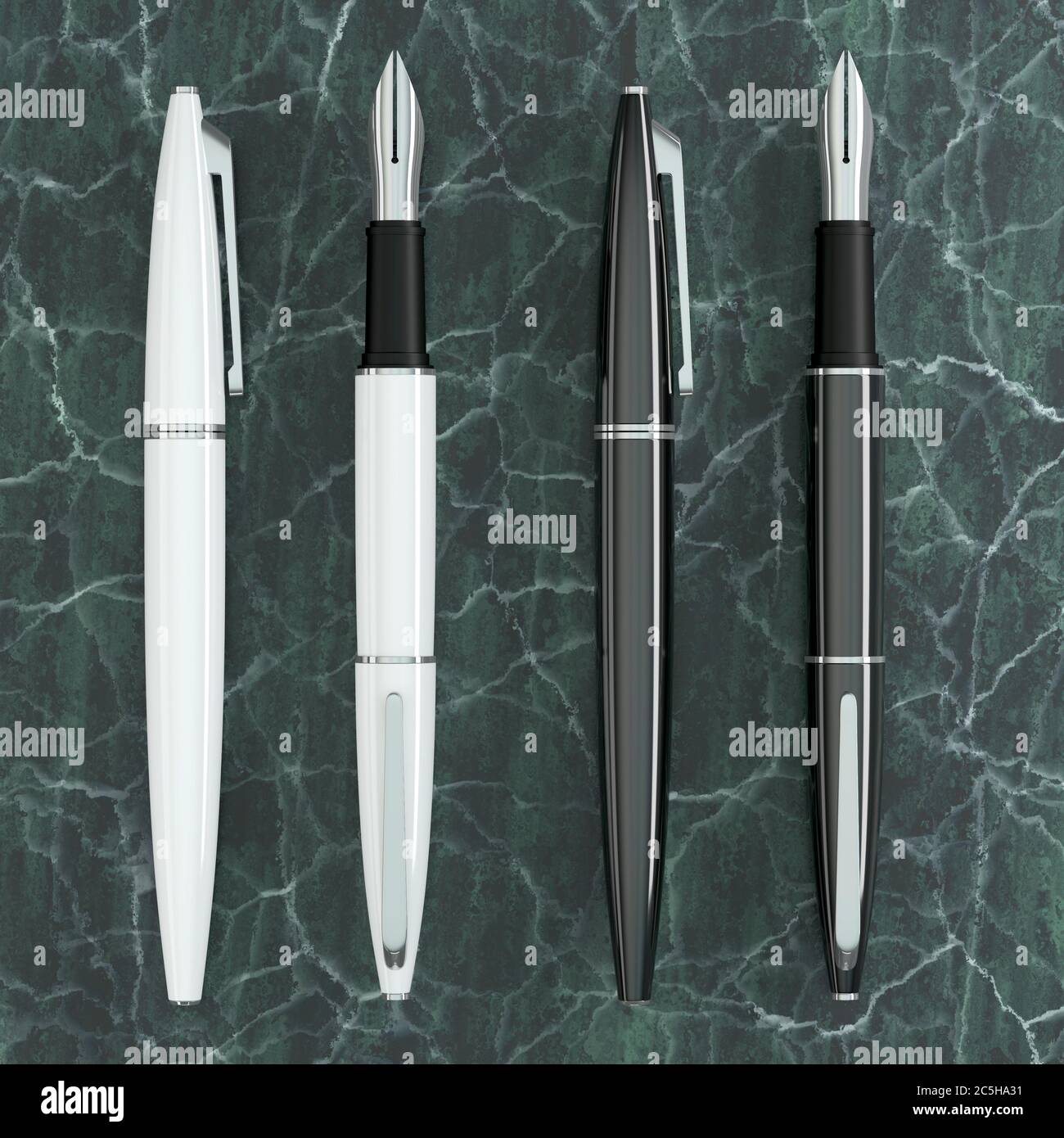 3d illustration render of white and black fountain pens mockup on green ...