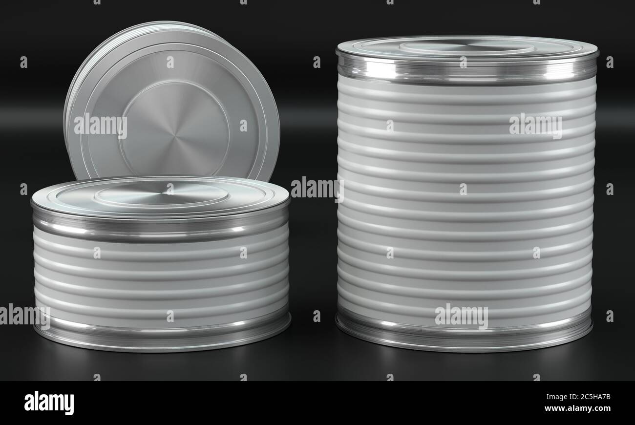 Different sized food can mockups on black bakground Stock Photo - Alamy