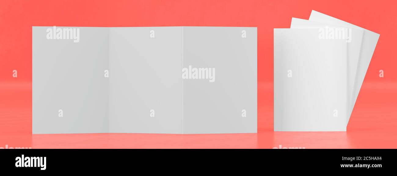 3d render illustration of a leaflet mockup on color background. Front ...
