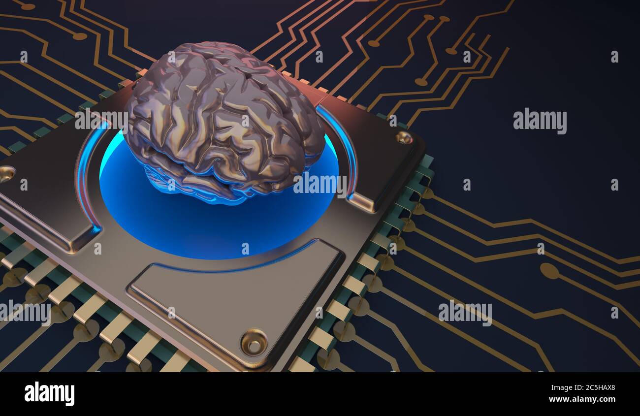 machine learning Brain symbol on circuit board 3d Rendering Stock Photo ...