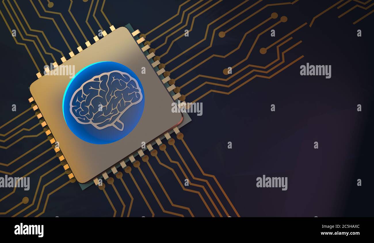 machine learning Brain symbol on circuit board 3d Rendering Stock Photo ...