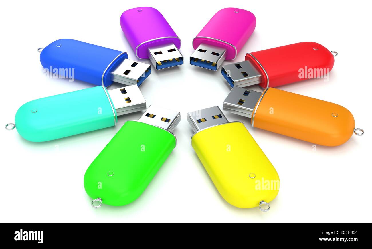 3d render of colorful pendrives on white background arranged in circle ...