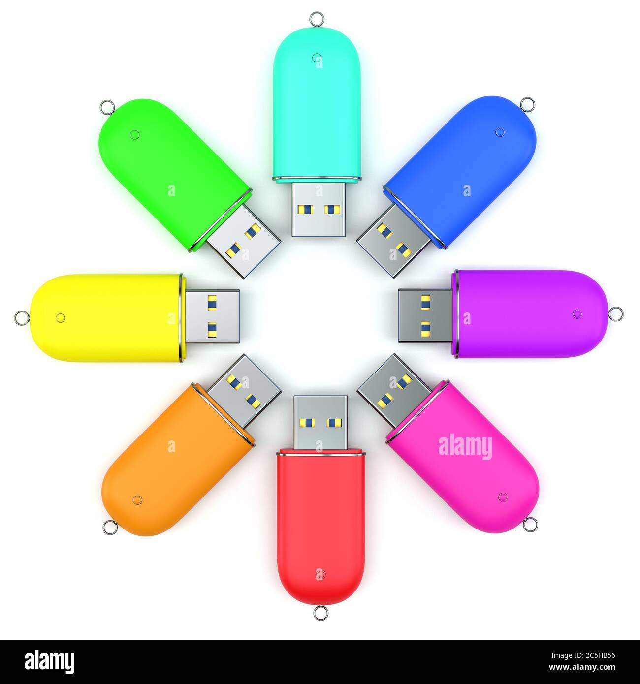 3d render of colorful pendrives on white background arranged in circle ...