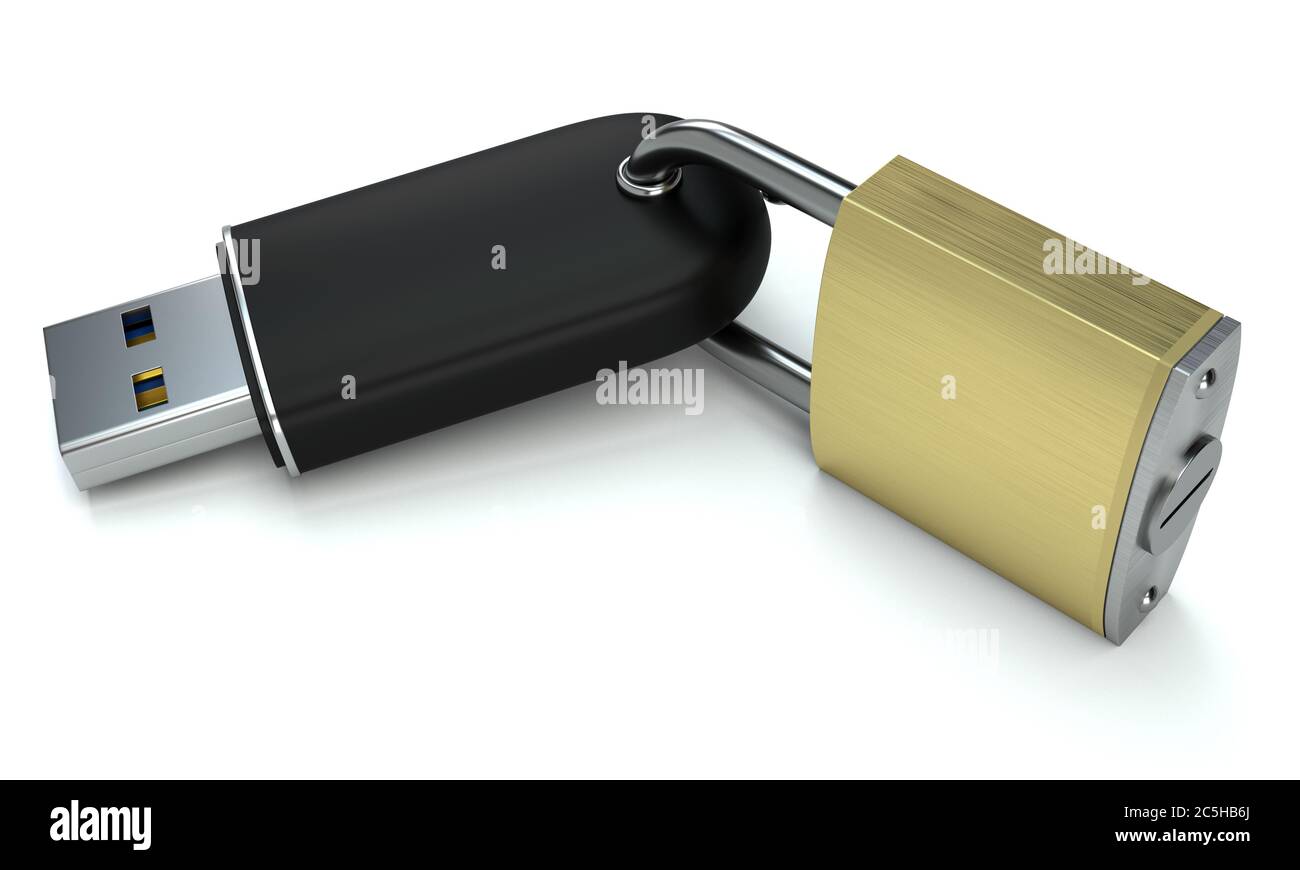 3d render of black pendrive secured with a padlock. Data safety and ...