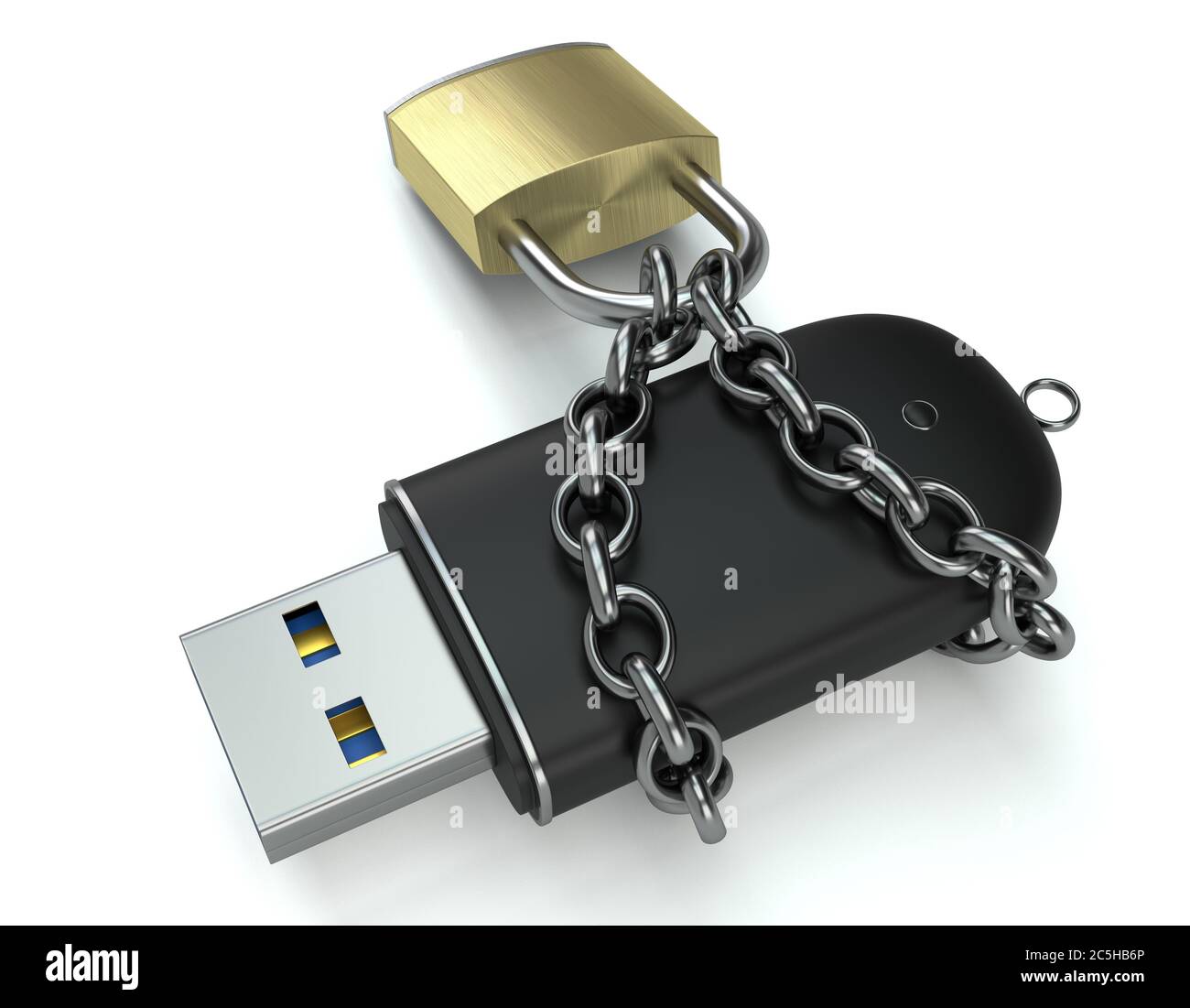 3d render of black pendrive secured with a padlock and chain. Data ...