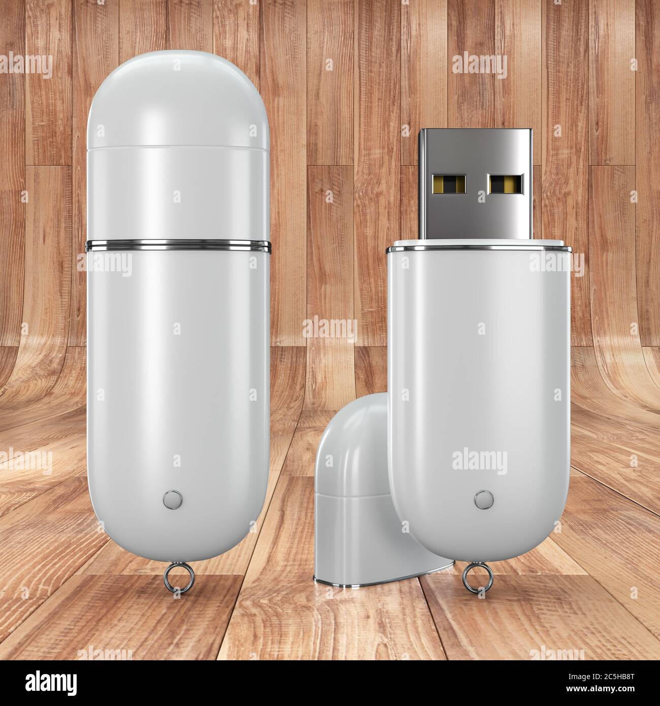 3d render illustration of a flashdrive mockup on wooden background ...