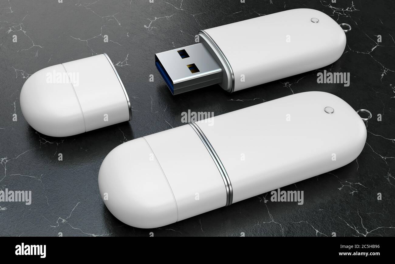 3d render illustration of a flashdrive mockup on black marble ...