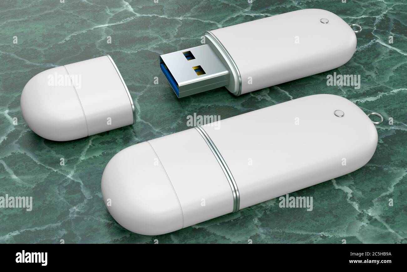 3d render illustration of a flashdrive mockup on green marble ...