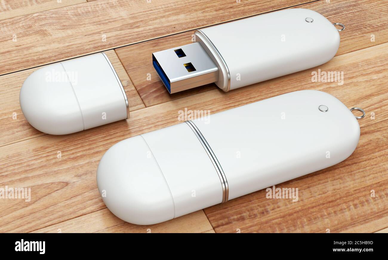 3d render illustration of a flashdrive mockup on wooden background ...