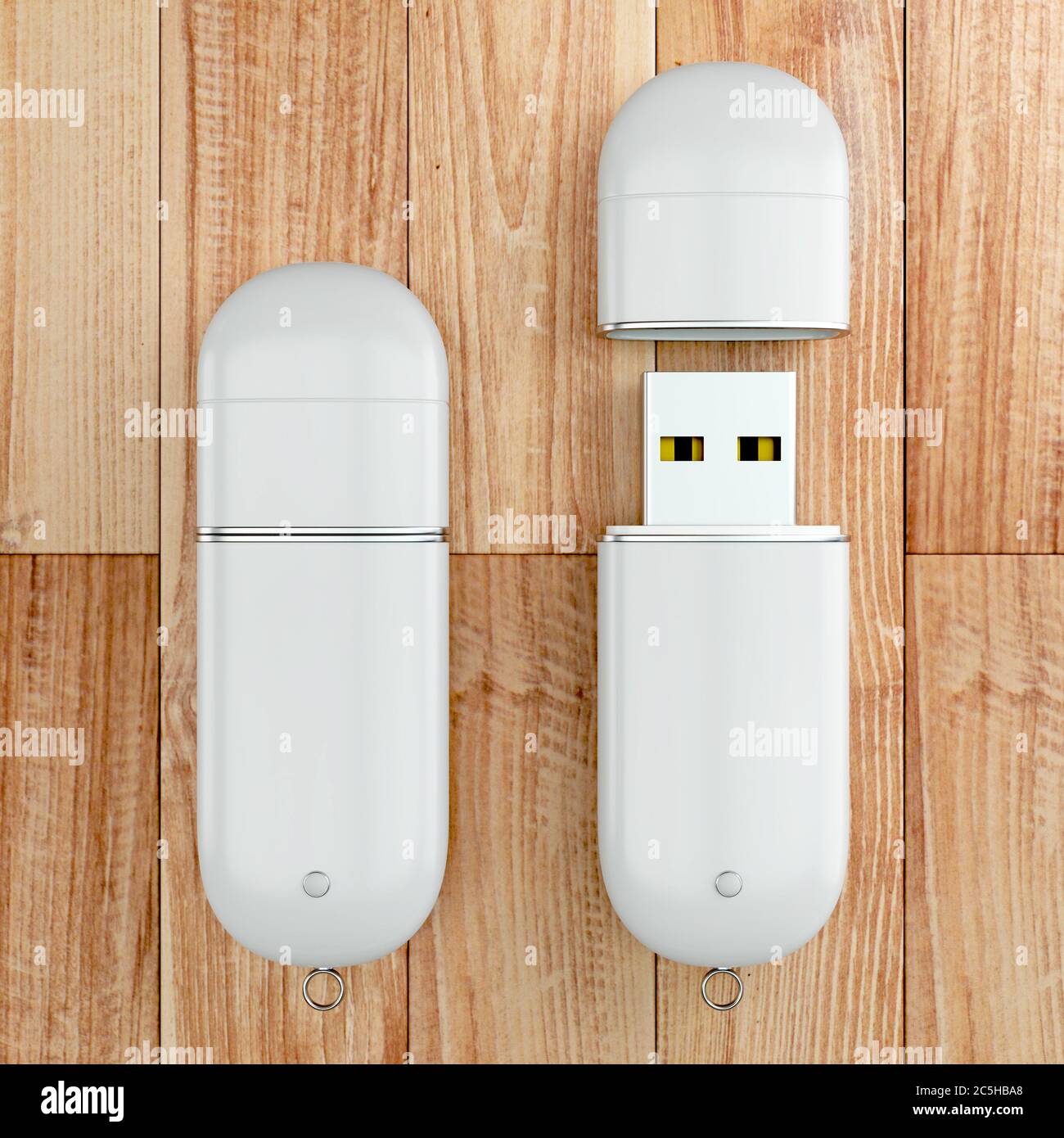 3d render illustration of a flashdrive mockup on wooden background. Top ...