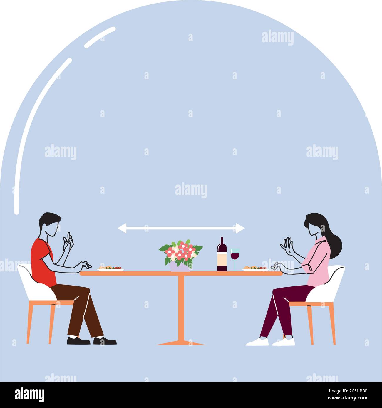 Social distancing between woman and man on restaurant table design of ...