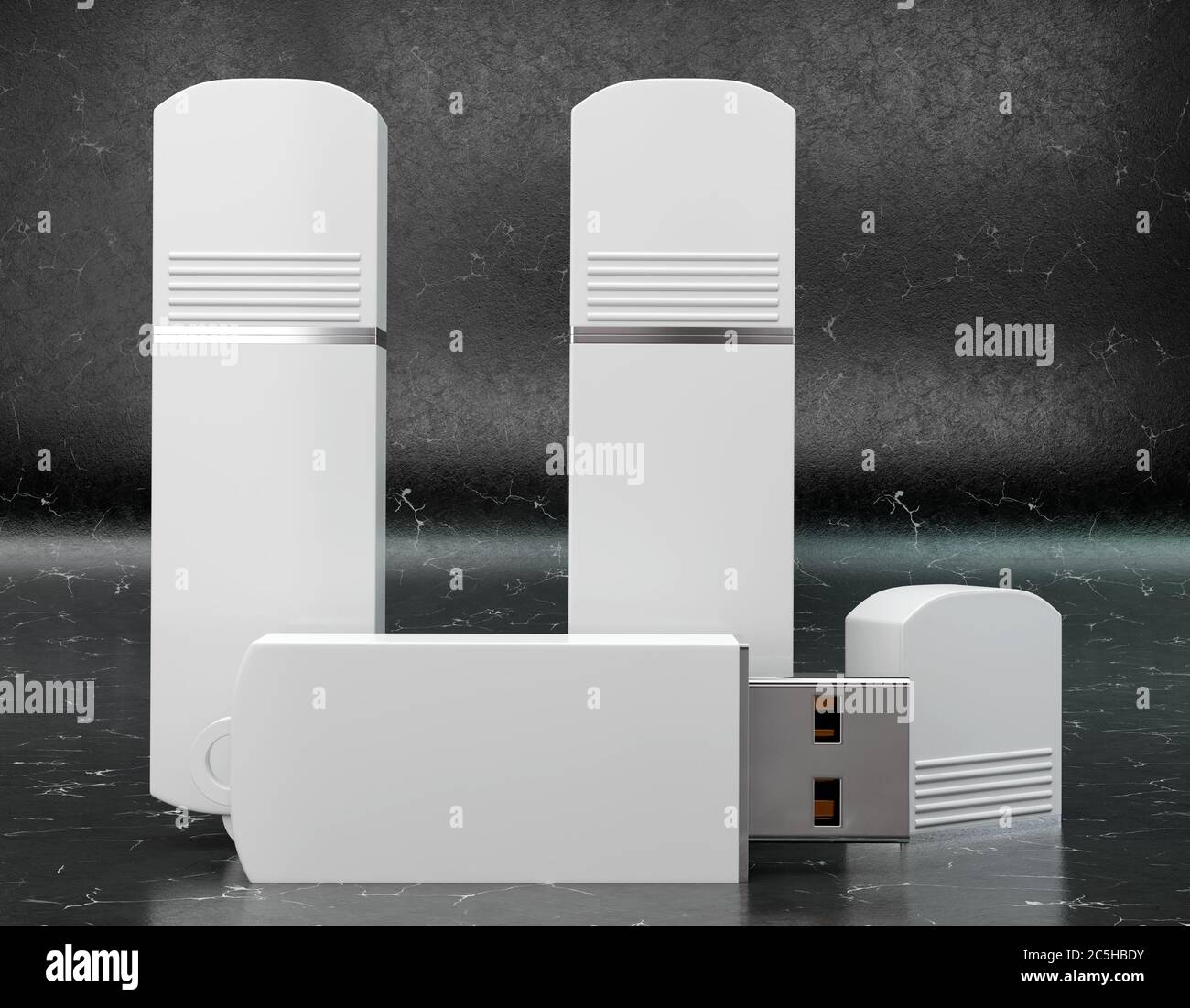 3d render illustration of a flashdrive mockup on black marble ...