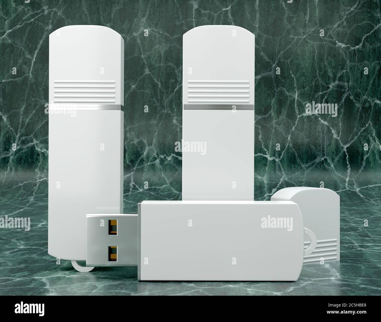 3d render illustration of a flashdrive mockup on green marble ...