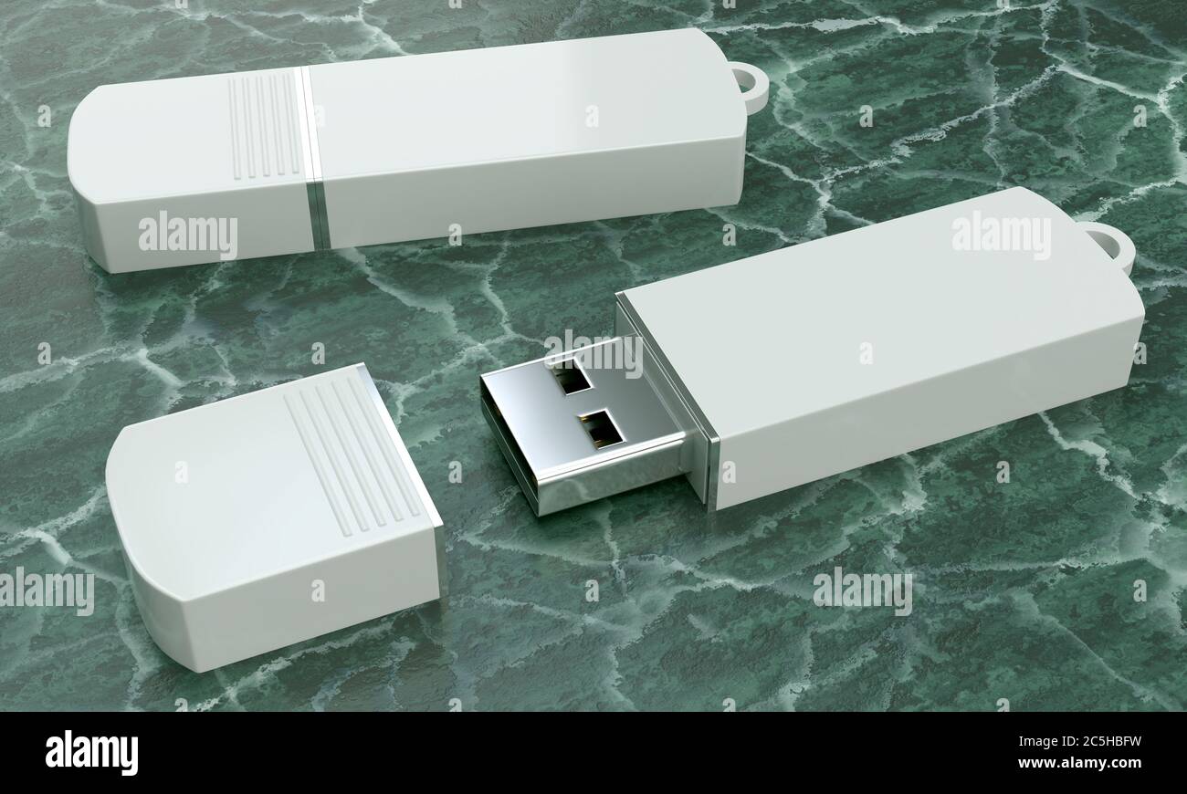 3d render illustration of a flashdrive mockup on green marble ...