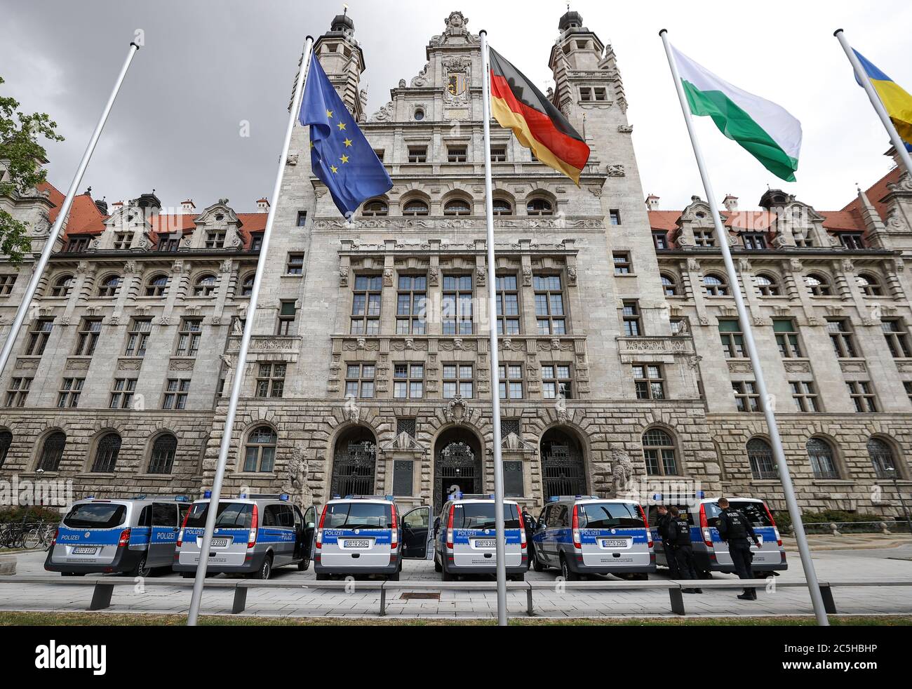 Leipzig, Germany. 03rd July, 2020. Police cars are parked in front of ...