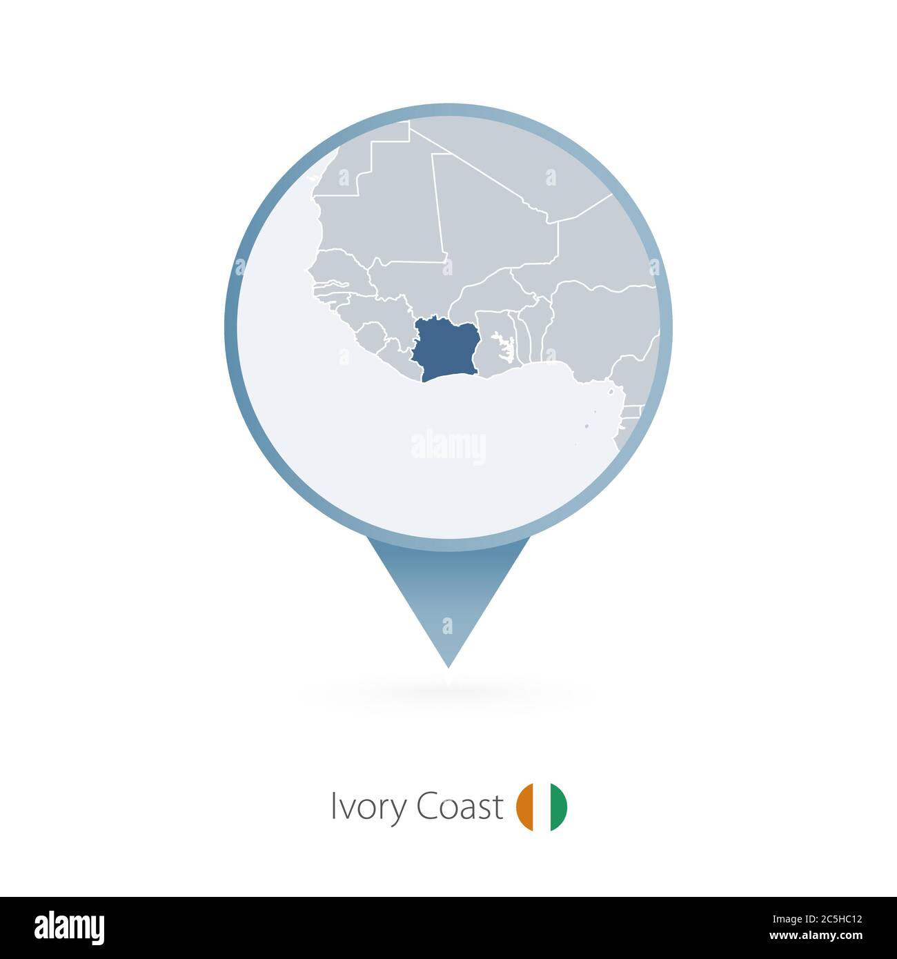 Map pin with detailed map of Ivory coast and neighboring countries ...