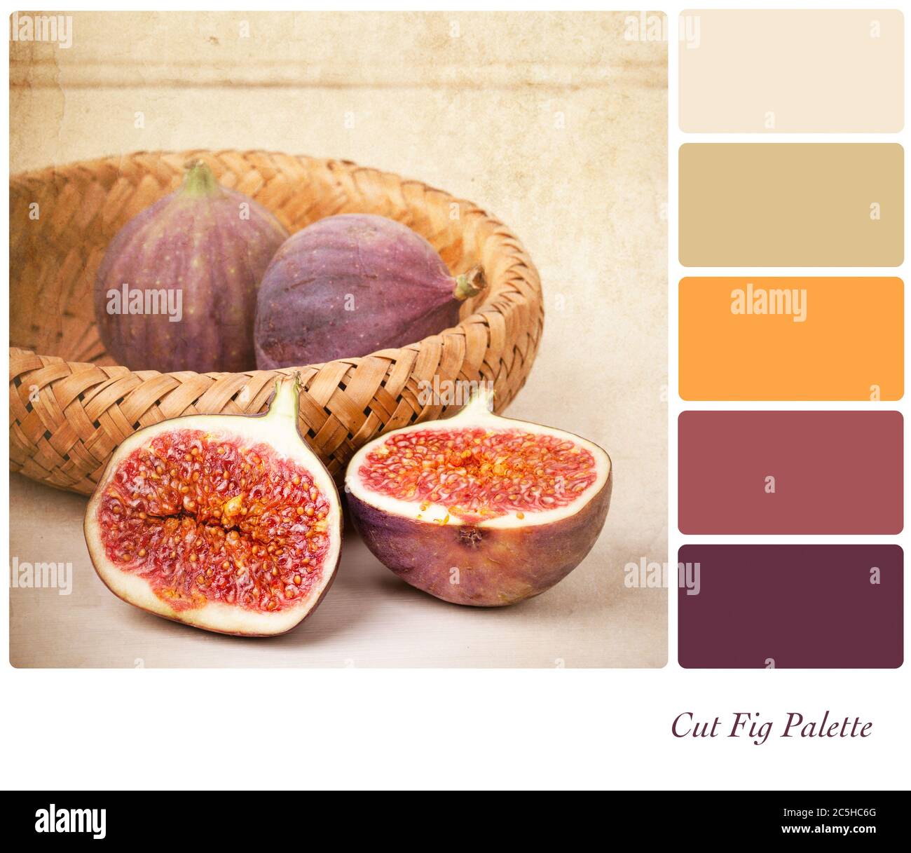 A basket of cut and whole figs, vintage style, in a colour palette with ...