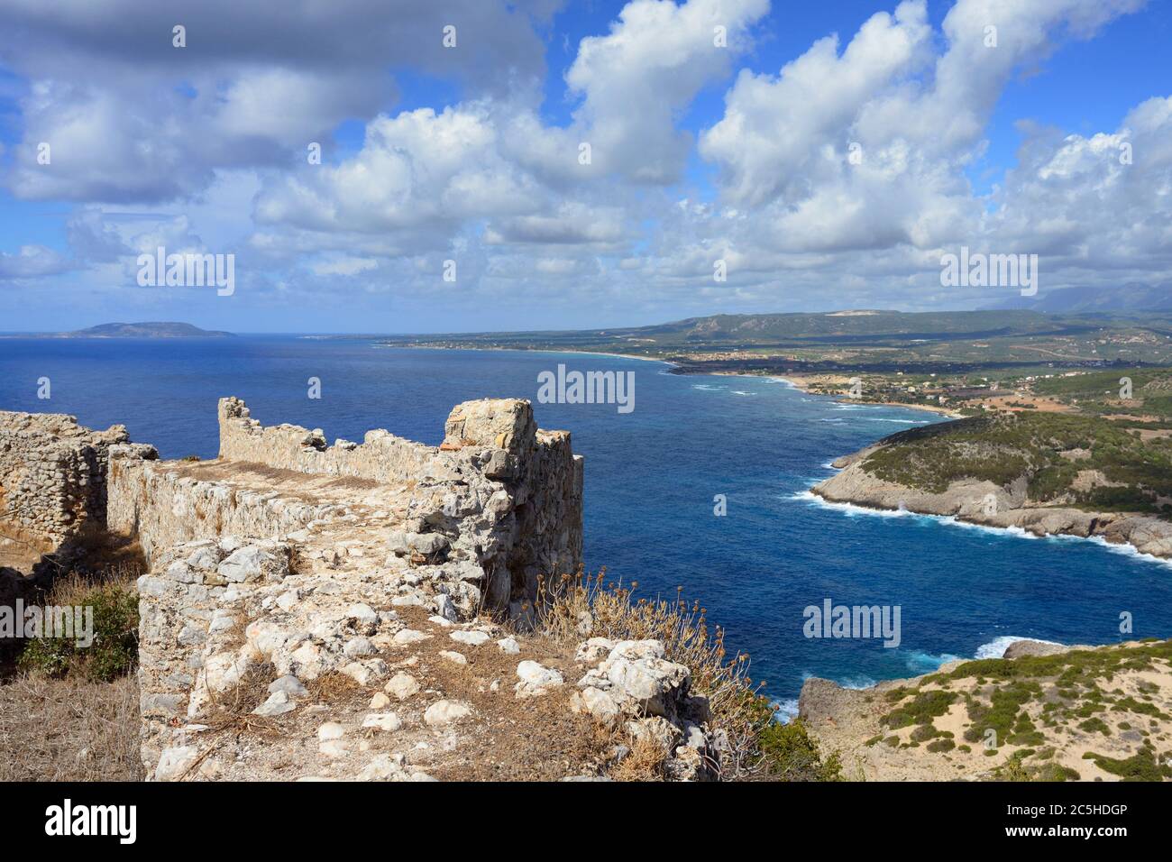 View on Costa Navarino bay from Palaiokastro castle of ancient Pylos ...