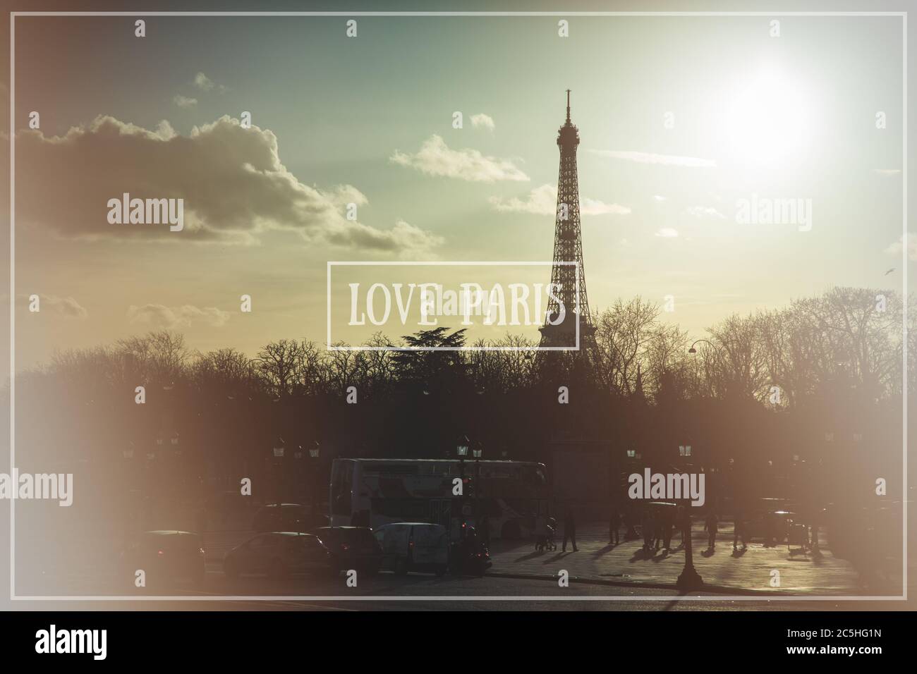 Paris cityscape with The Eiffel Tower at dusk, cross processed to look ...