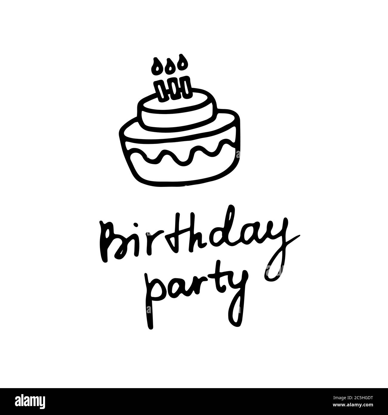 B-day party. Birthday party inscription and cake icon. Hand drawn ...