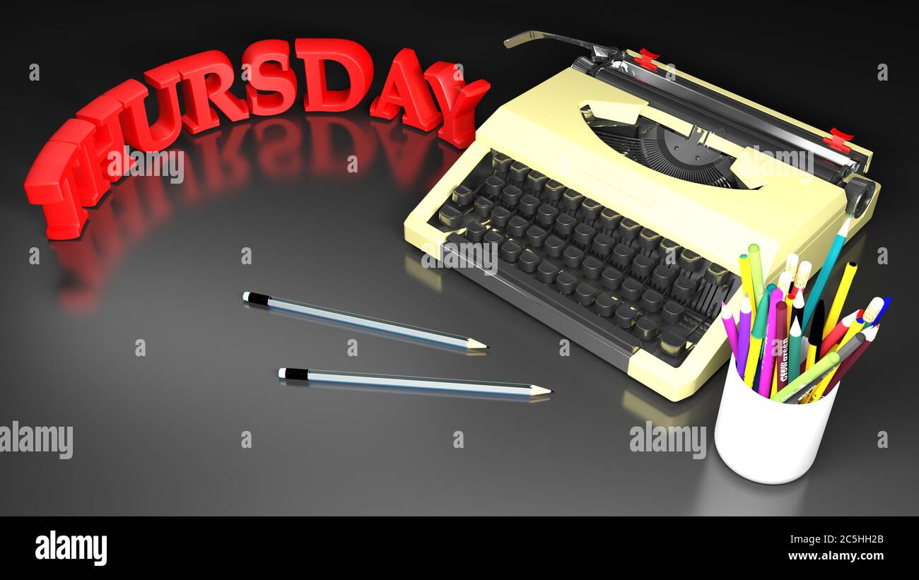 Typewriter on black desk with THURSDAY write - 3D rendering ...