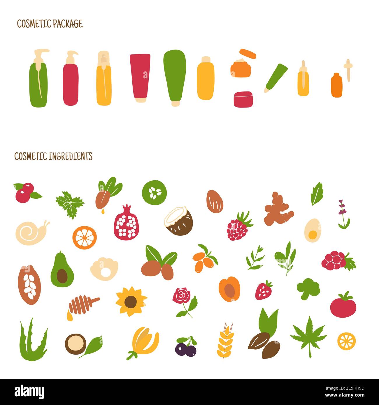 Organic cosmetics ingredients set for product packaging. Hand drawn ...