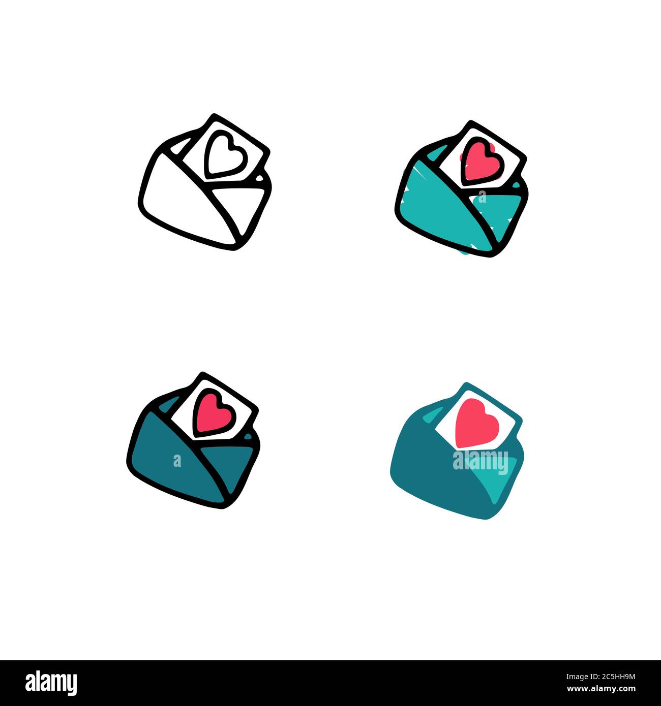 Hand-drawn envelopes with a heart. Illustration for romantic designs ...