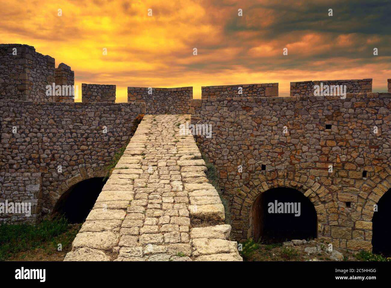 Fortress of Neokastro in Pylos at sunset time, Messinia, Greece Stock ...