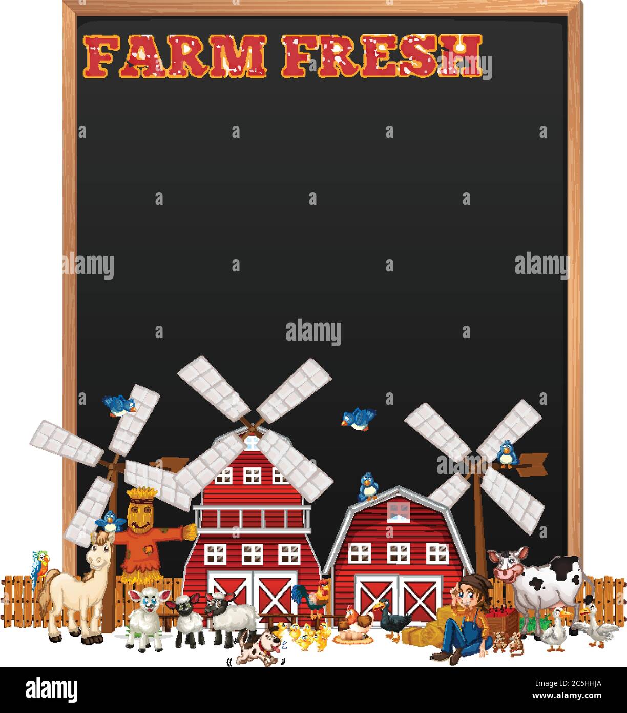 Blank board with farm fresh logo and animal farm set isolated ...