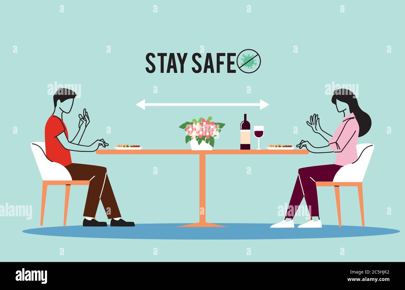 Social distancing between woman and man at table design of new normal ...