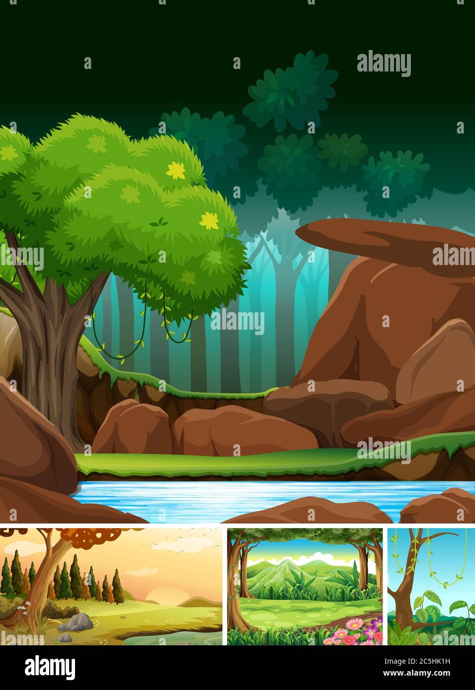 Four different nature scene of forest cartoon style illustration Stock ...
