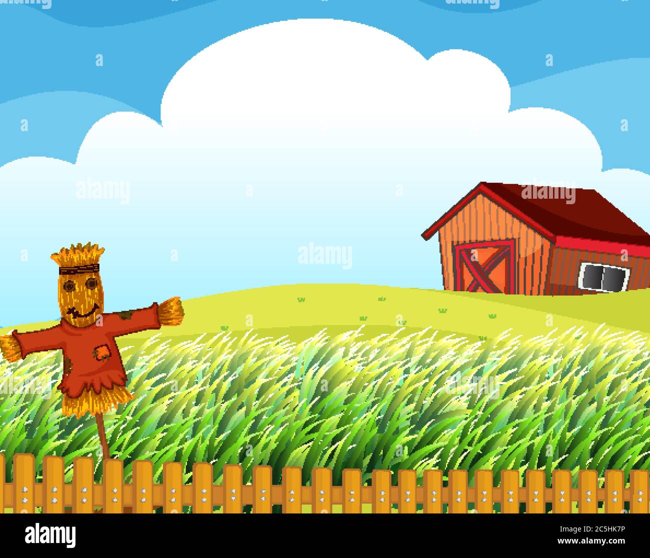 Farm scene in nature with barn and scarecrow illustration Stock Vector ...