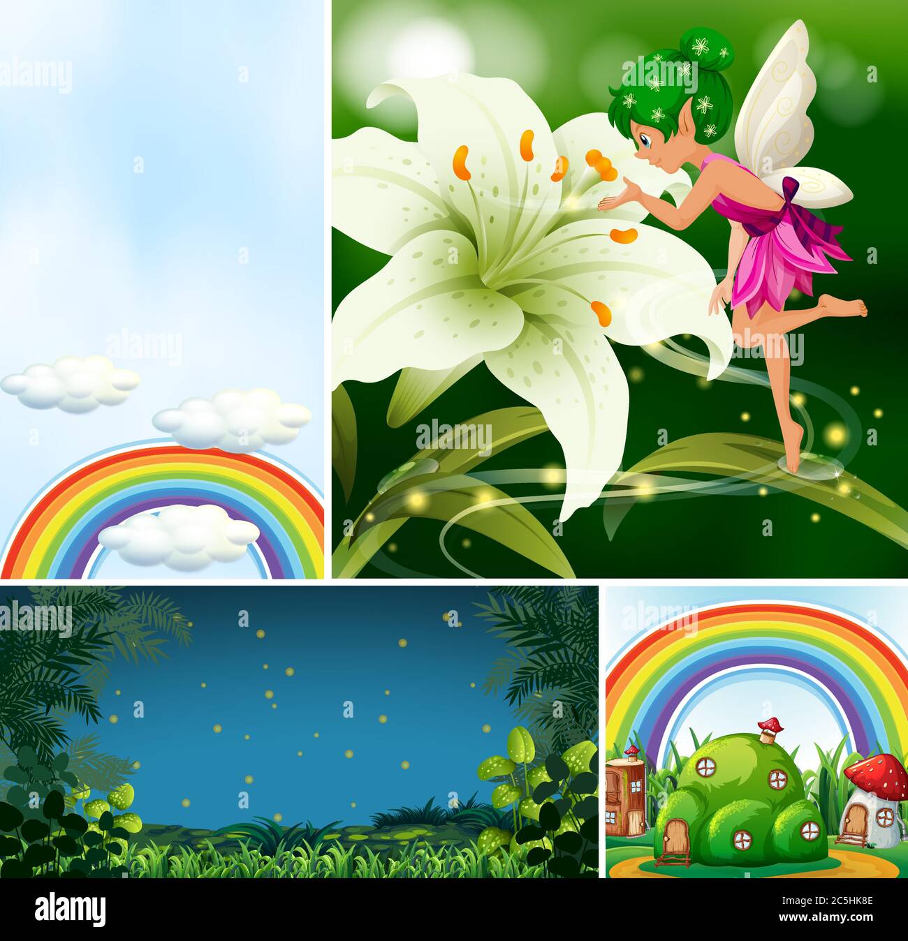 Four different scene of fantasy world with fantasy places and fantasy ...