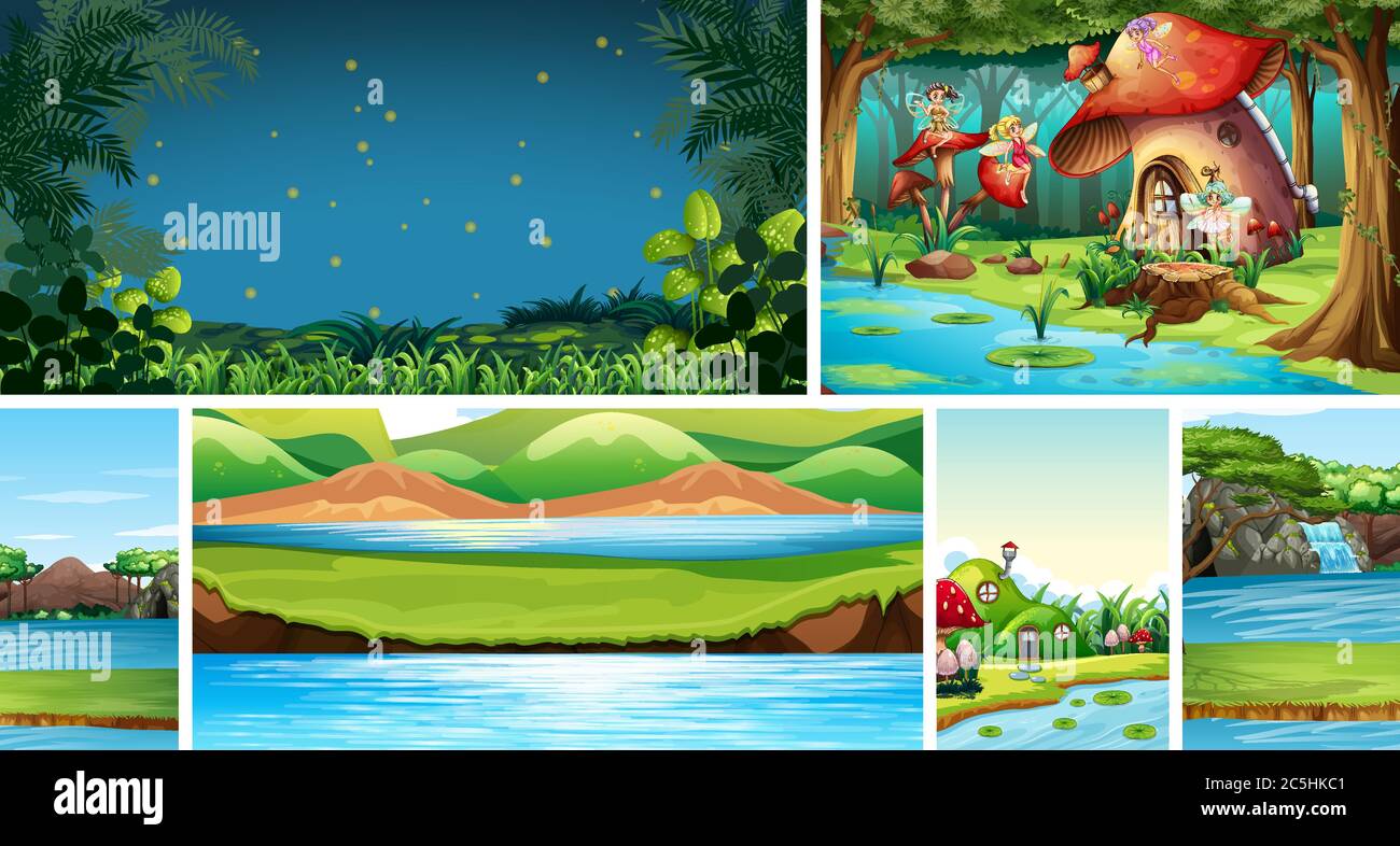 Six different scene of fantasy world with fantasy places and fantasy ...