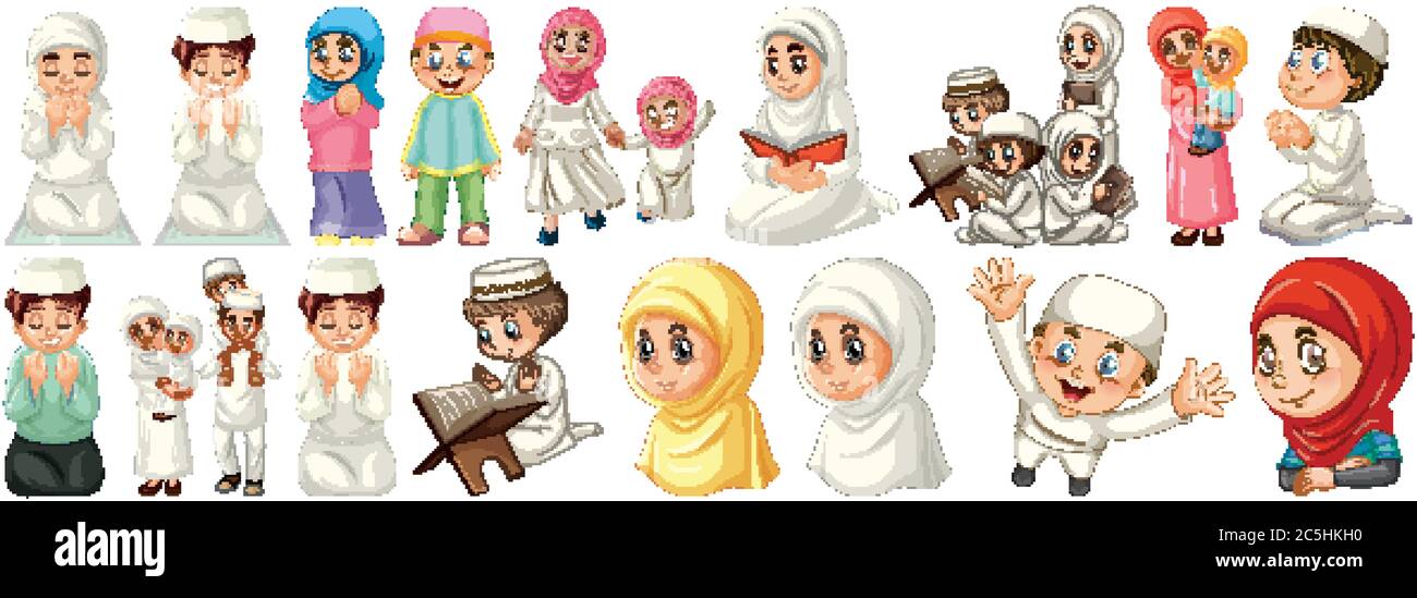 Set of different muslim people cartoon character isolated on white ...
