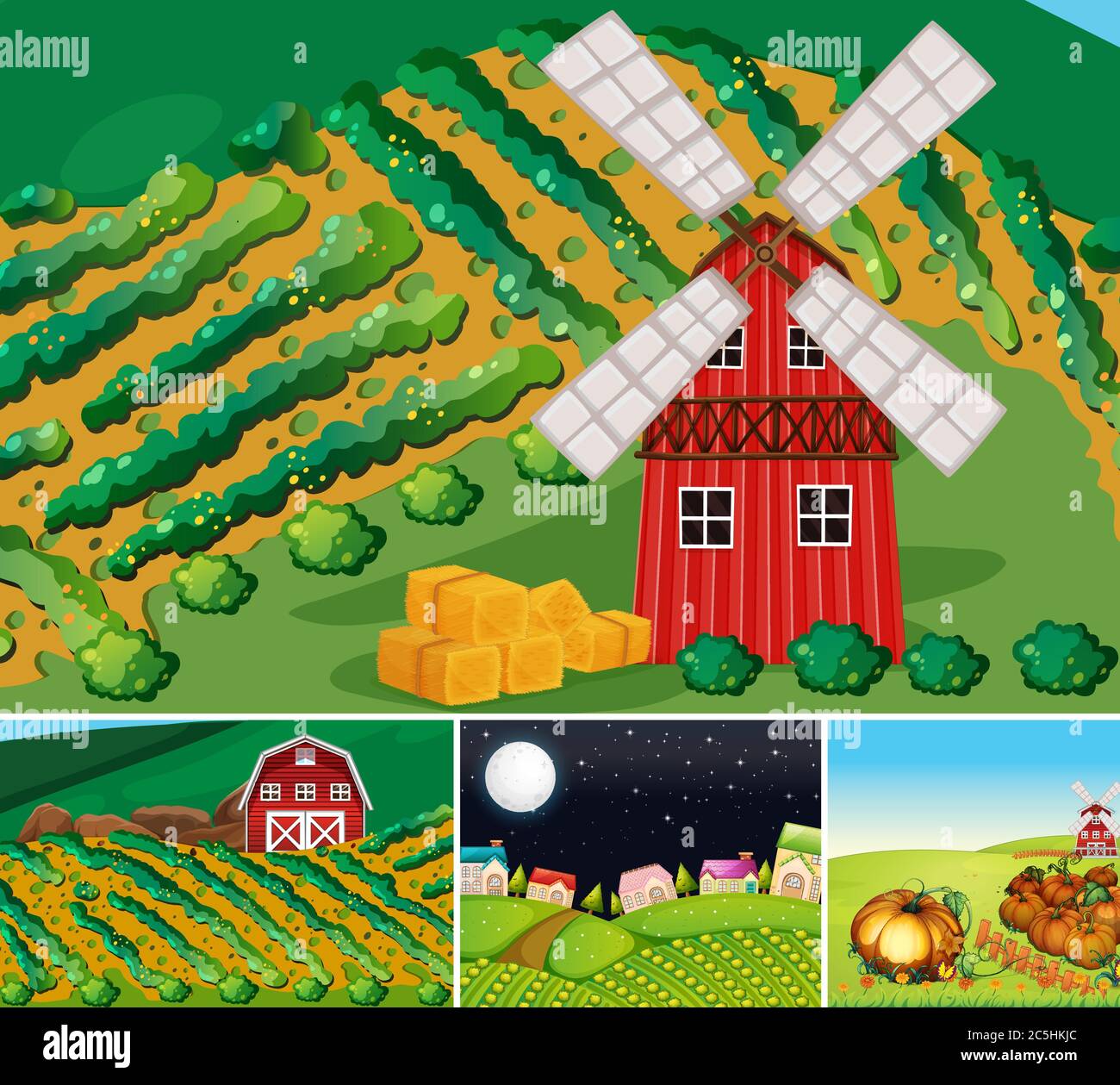 Set of different farm scenes cartoon style illustration Stock Vector ...