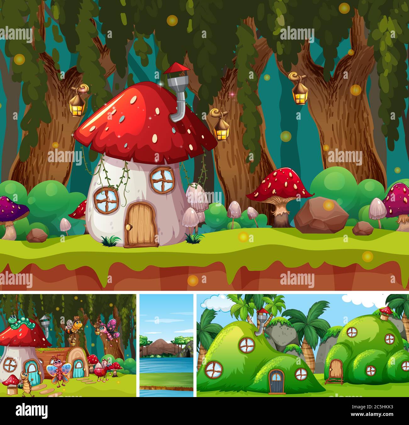 Four different scene of fantasy world with fantasy places such as ...