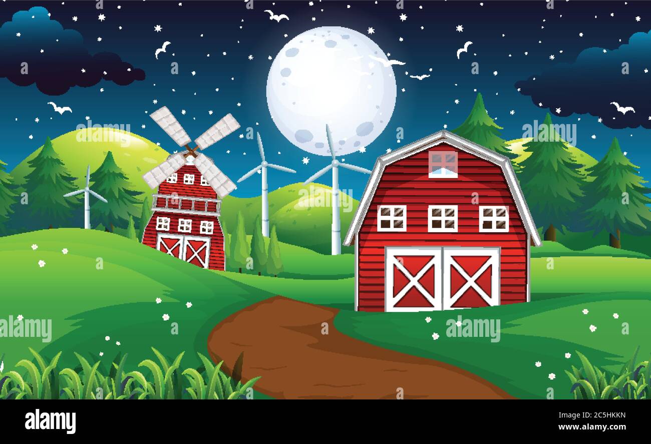 Farm scene with barn and windmill at night illustration Stock Vector ...