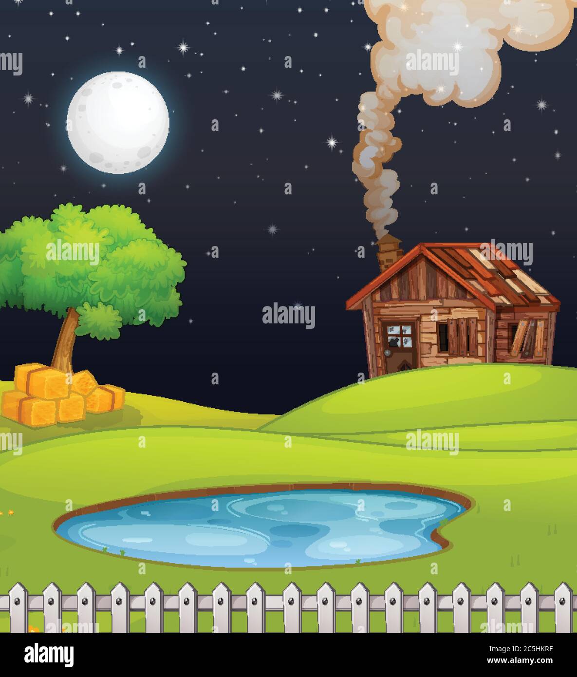 Farm scene with barn and swamp at night illustration Stock Vector Image ...
