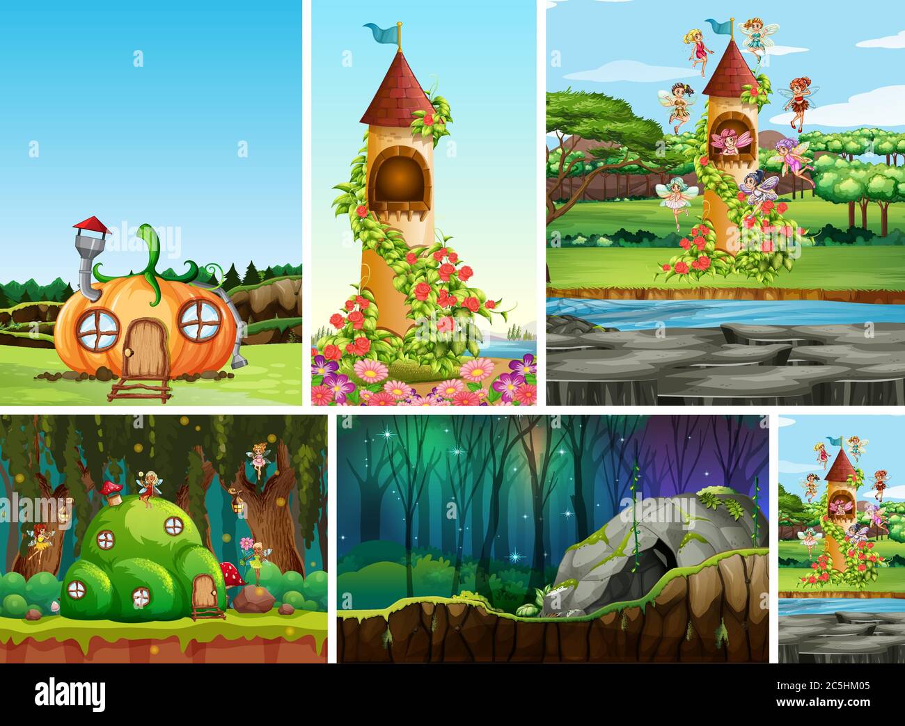 Six different scene of fantasy world with fantasy places and fantasy ...