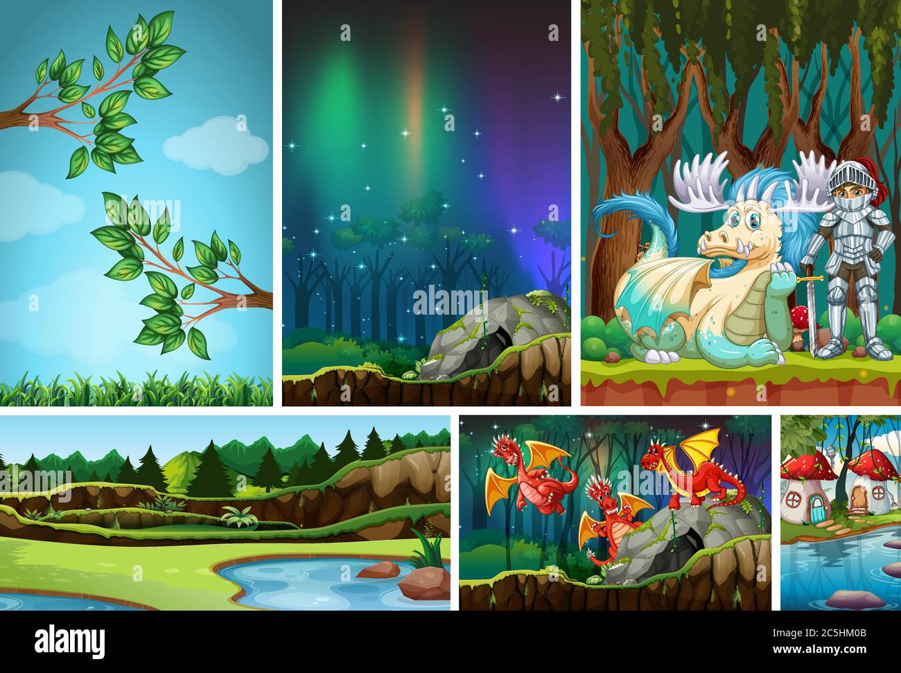 Six different scene of fantasy world with fantasy places and fantasy ...