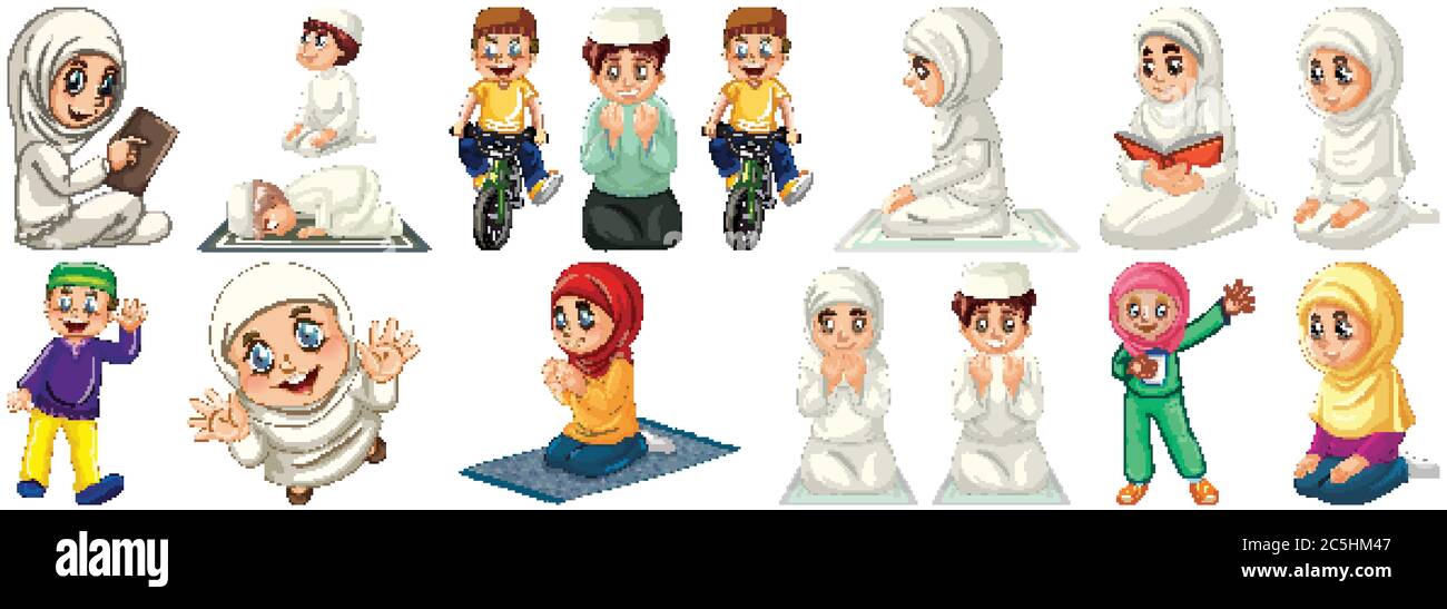 Set of different muslim people cartoon character isolated on white ...