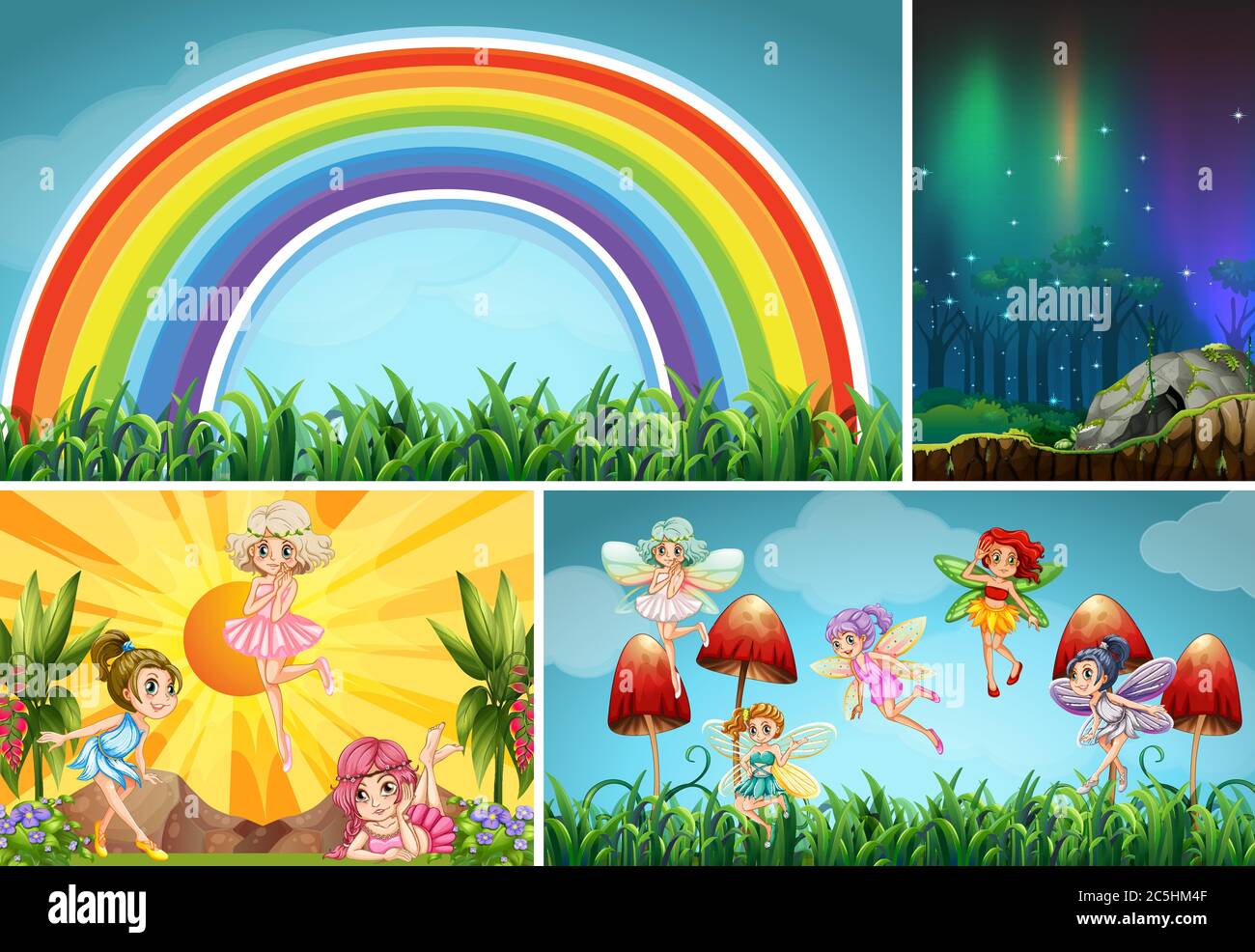 Four different scene of fantasy world with fantasy places and fantasy ...