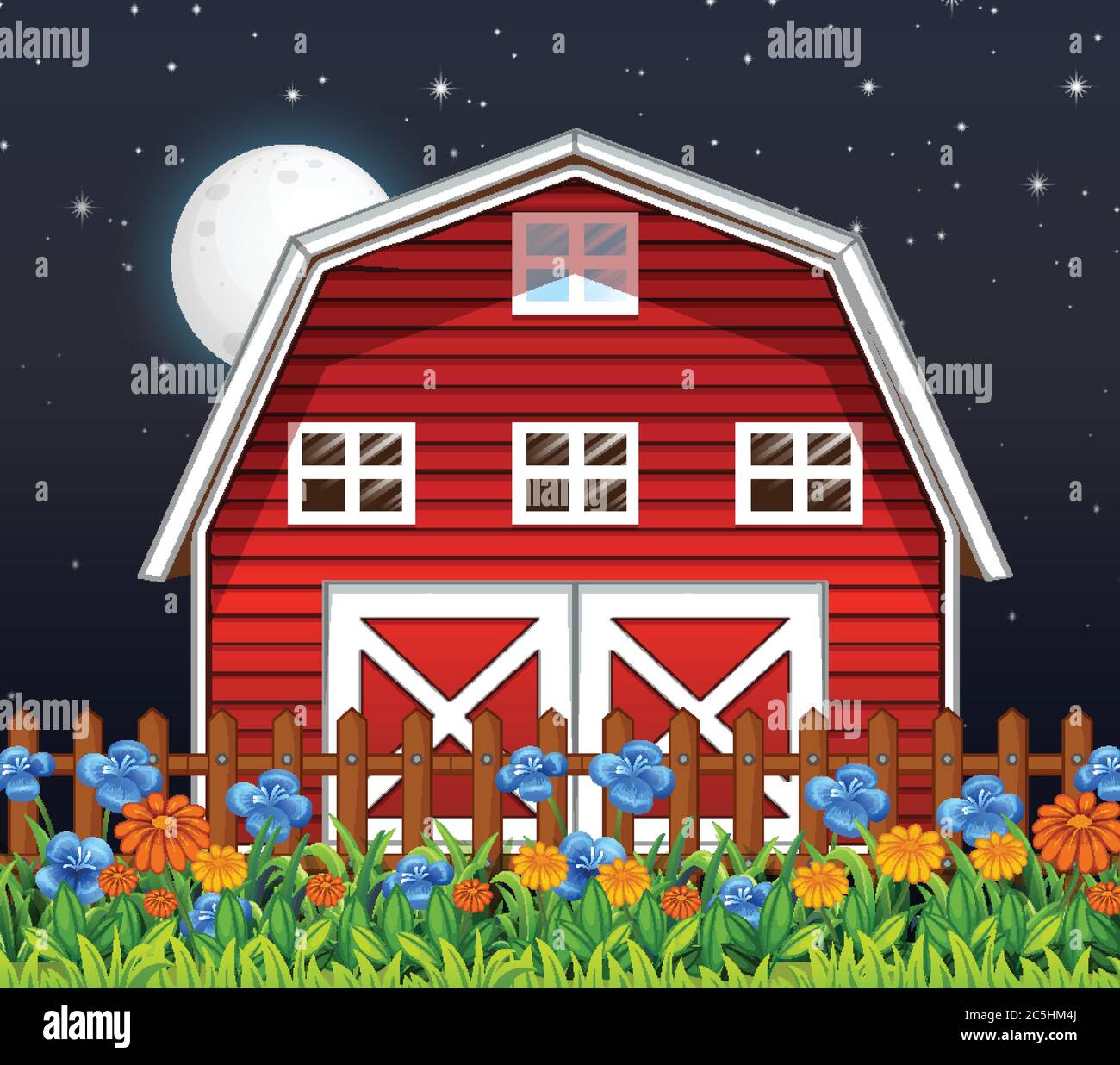 Farm barn and flowers at night scene illustration Stock Vector Image ...