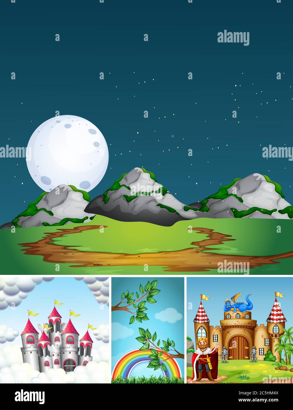 Four different scene of fantasy world with fantasy places and fantasy ...