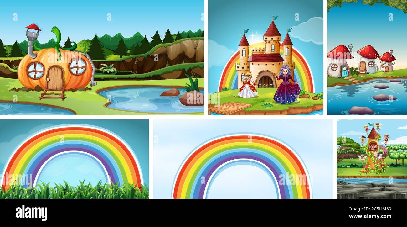 Six different scene of fantasy world with fantasy places and fantasy ...
