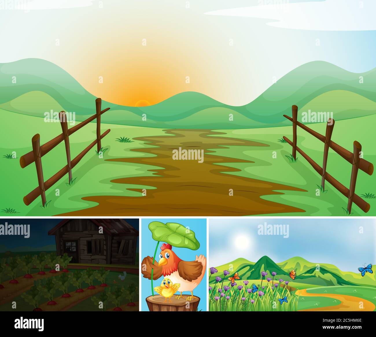 Set of different farm scenes cartoon style illustration Stock Vector ...